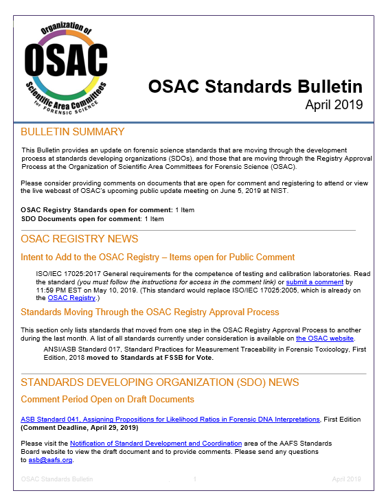 OSAC Standards Bulletin, April 2019 | NIST