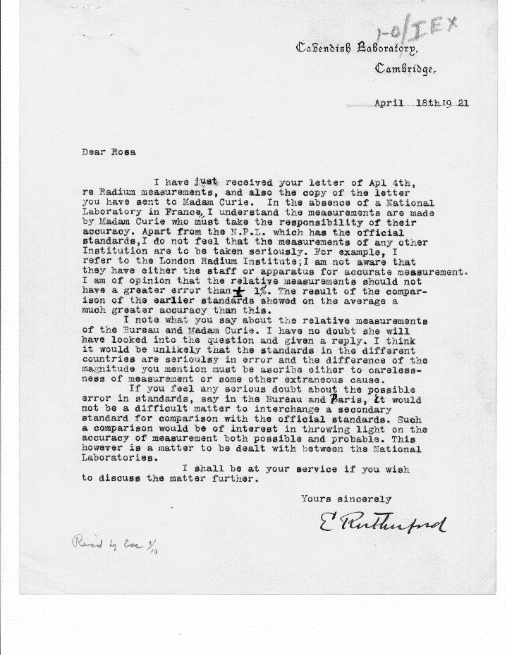 Rutherford letter to Rosa