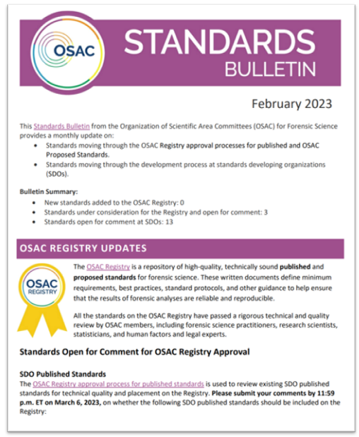 OSAC Standards Bulletin - February 2023 | NIST