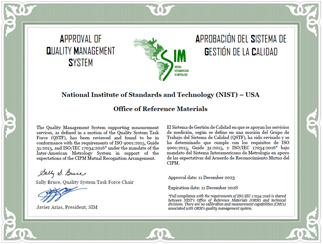 SIM Approval of the NIST Office of Reference Materials Quality ...