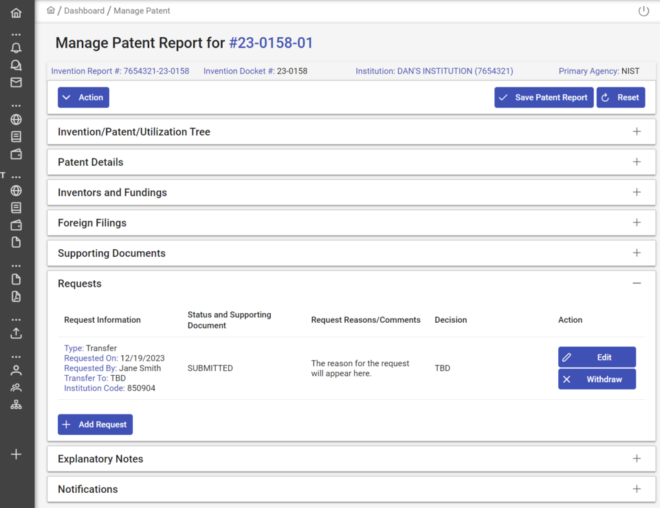 Patent transfer request panel