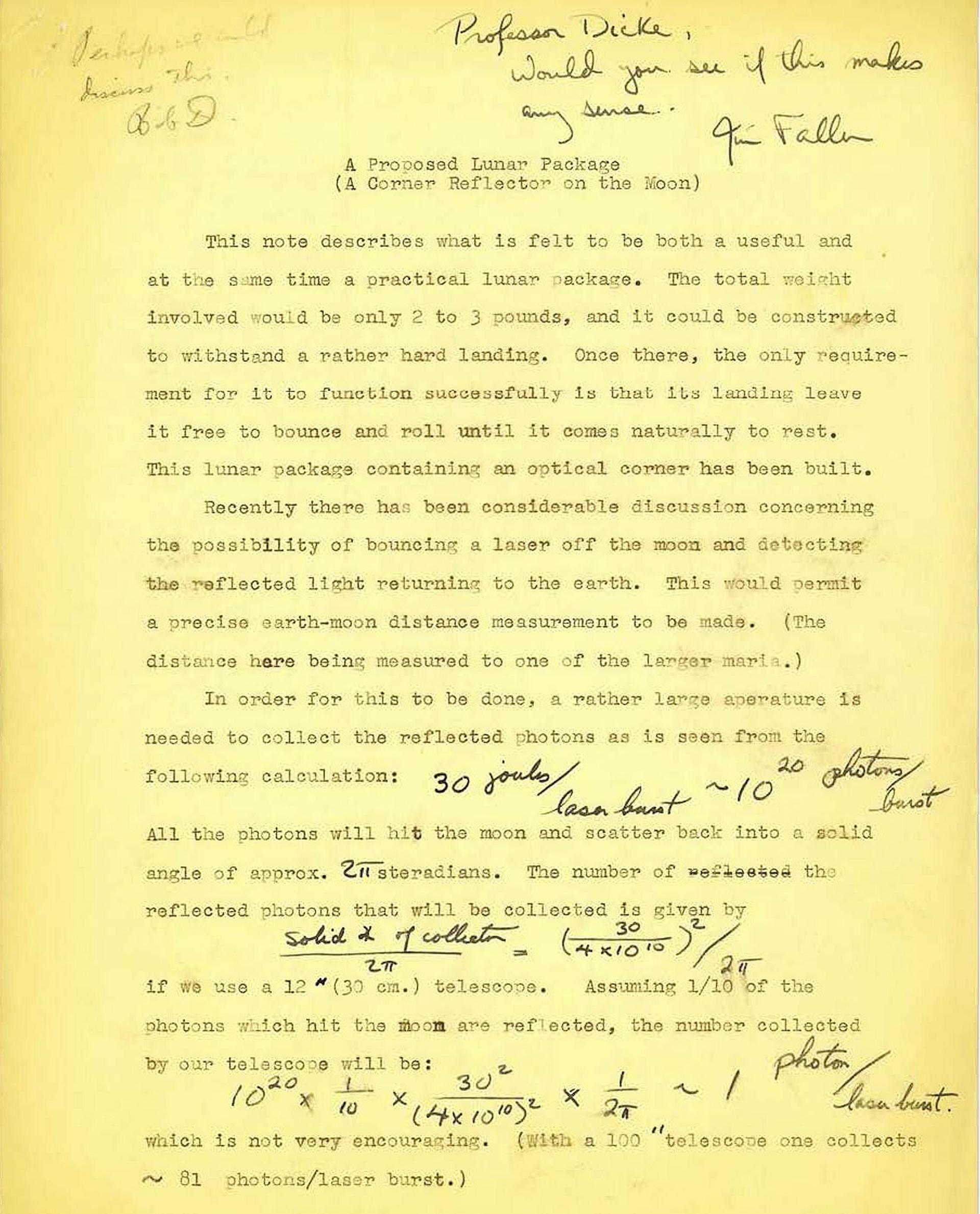 James Faller's 1962 Draft Paper: Lunar Laser Retroreflector Concept