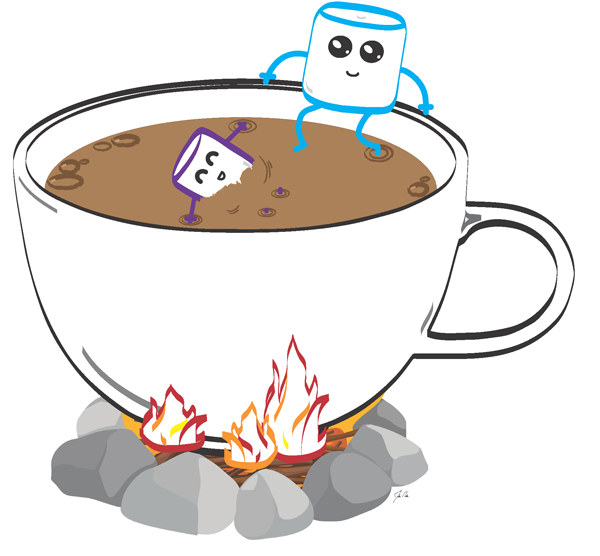 Illustration of a marshmallow perched on edge of cup of cocoa
