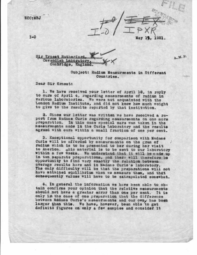 Stratton to Rutherford letter, page 1 of 2