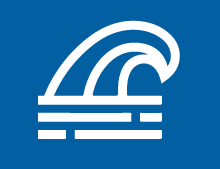 Tsunami ICON blue square with a high ocean wave image