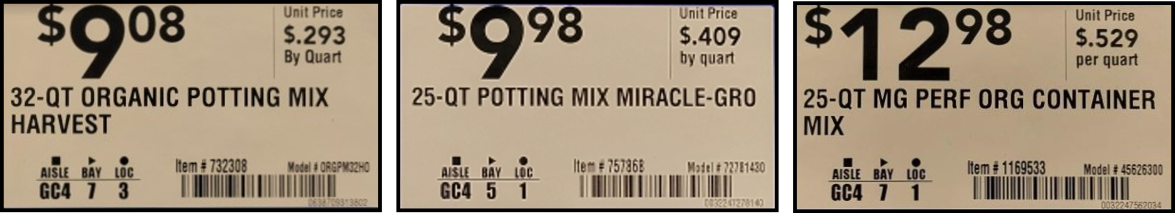 Unit price labels for packaged soil