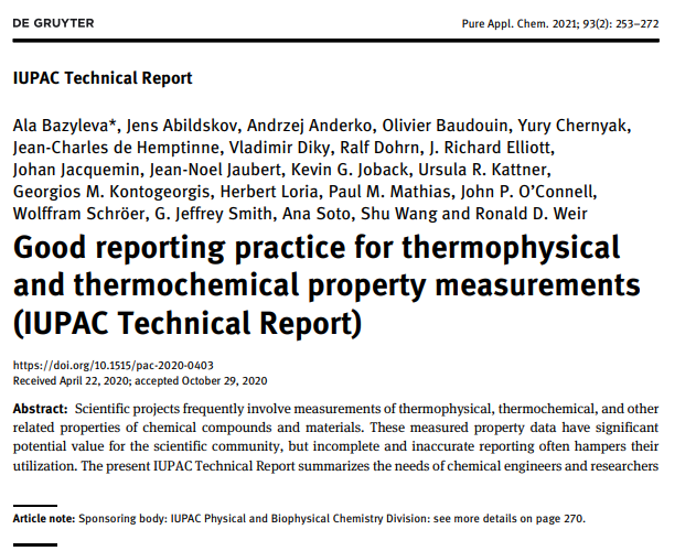 Good Reporting Practice for Thermophysical and Thermochemical Property Measurements (IUPAC 2019 ...
