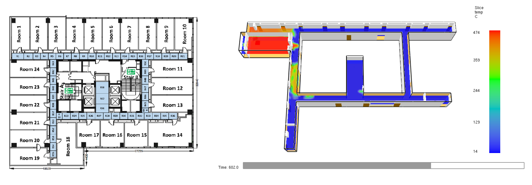 Building layout and temperature distribution for evacuation simulation