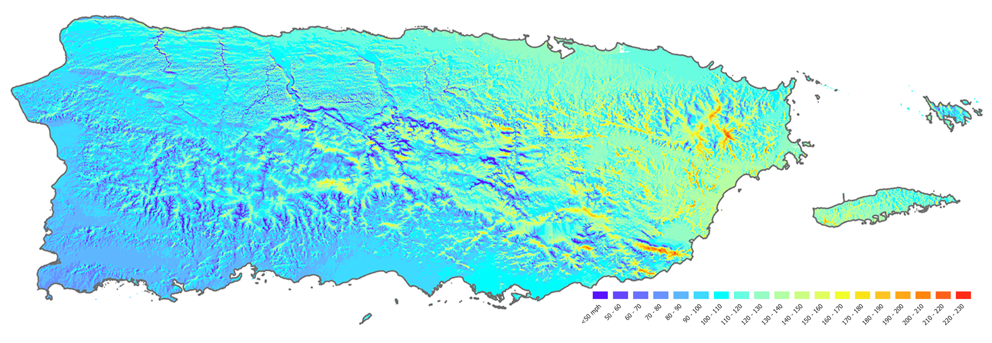 Hurricane Maria wind speed topographic map